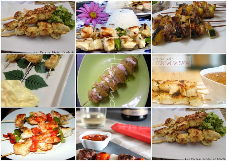 Brochetas variadas con salsas diferentes